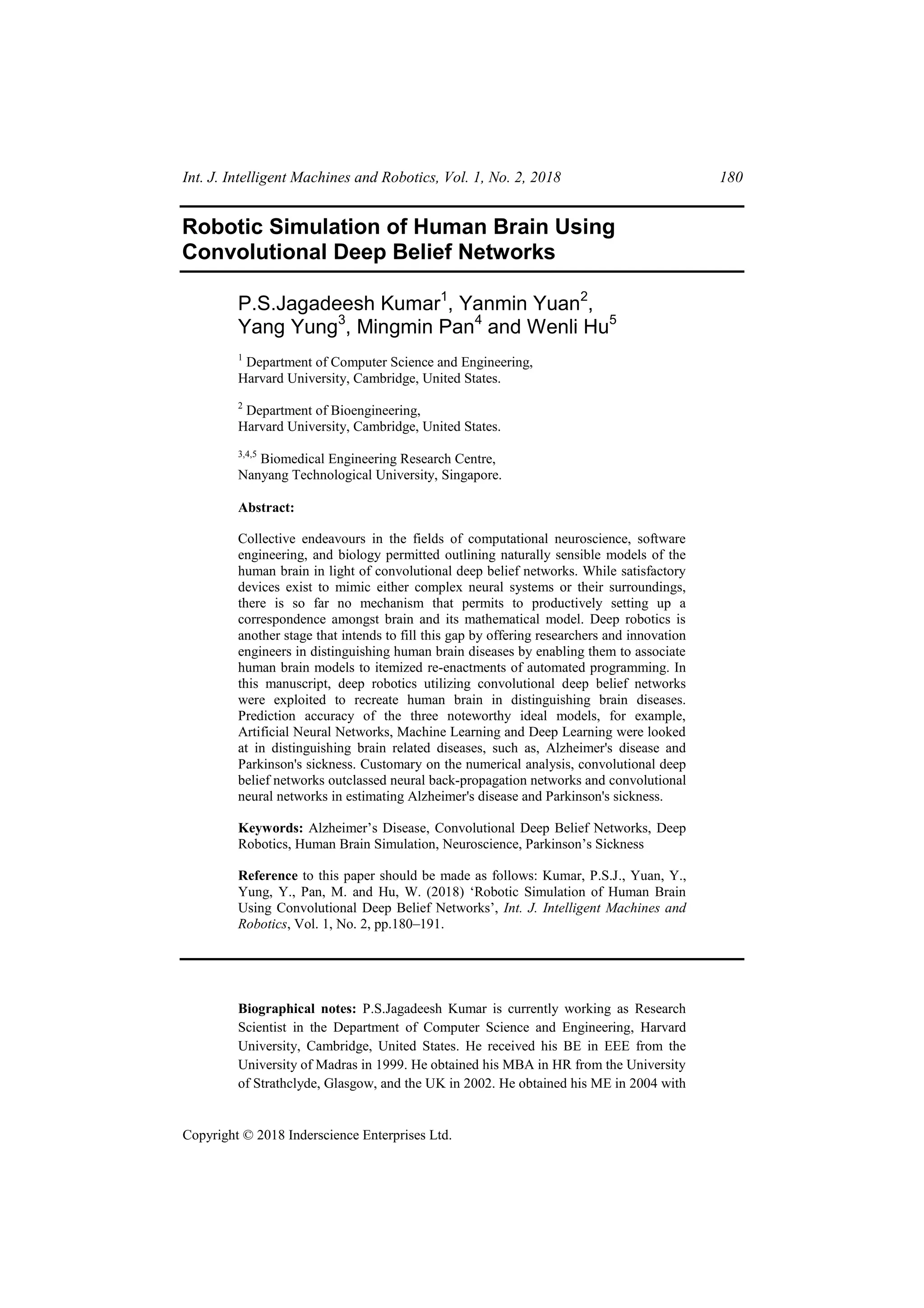 Robotic Simulation of Human Brain Using Convolutional Deep Belief Networks | PDF