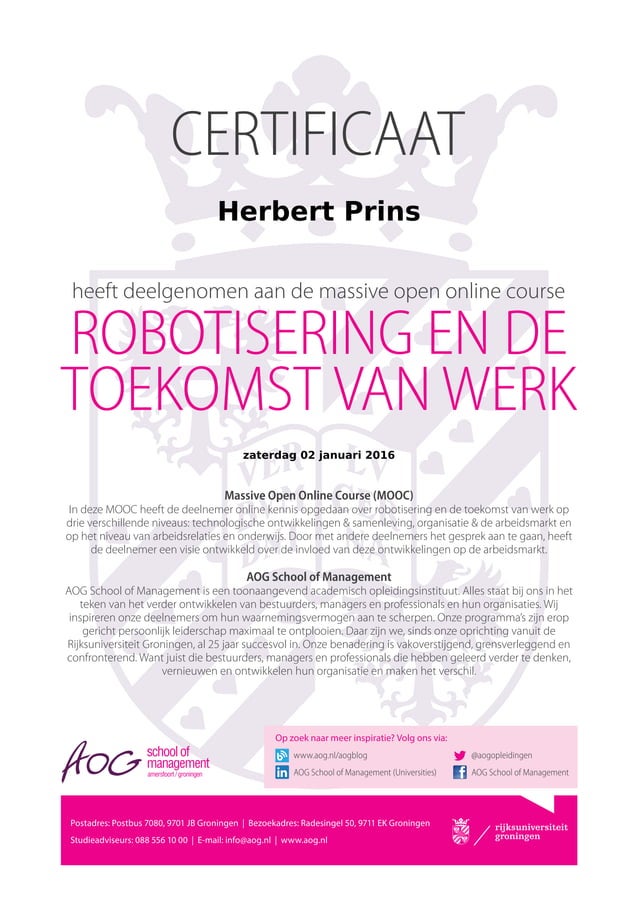 Robotisering en de toekomst van werk certificaat | PDF
