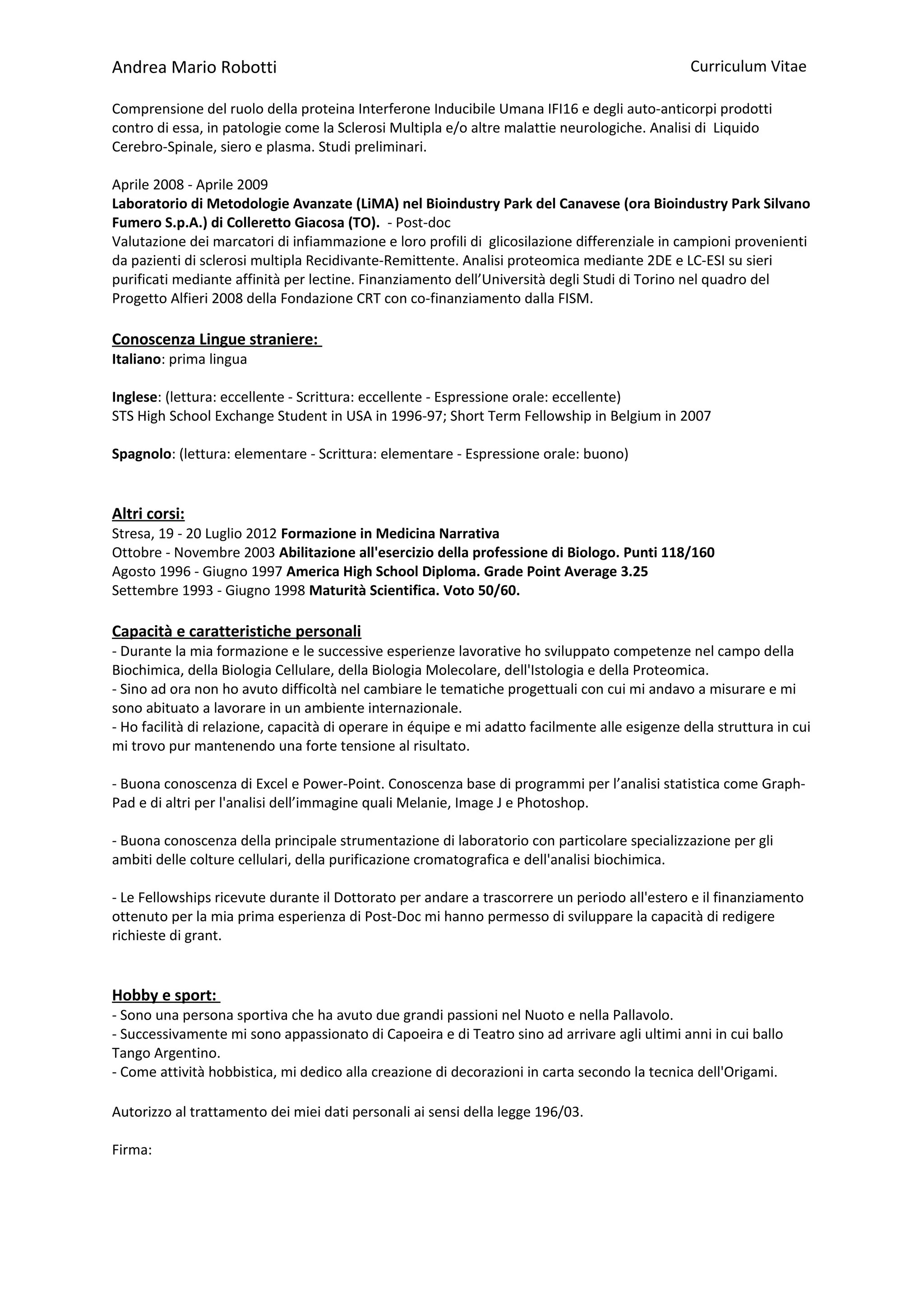 Robotti andrea mario cv | DOC