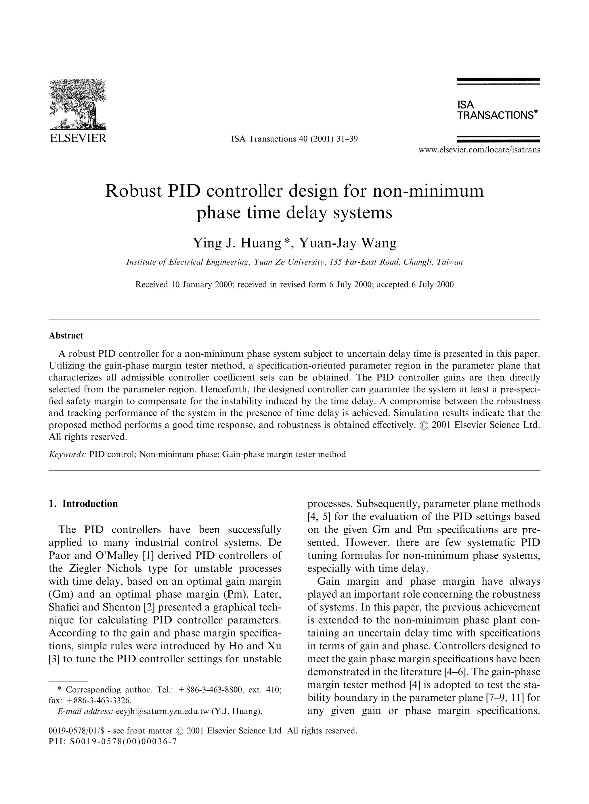 Robust Pid Controller Design For Non Minimum Phase Time Delay Systems Pdf