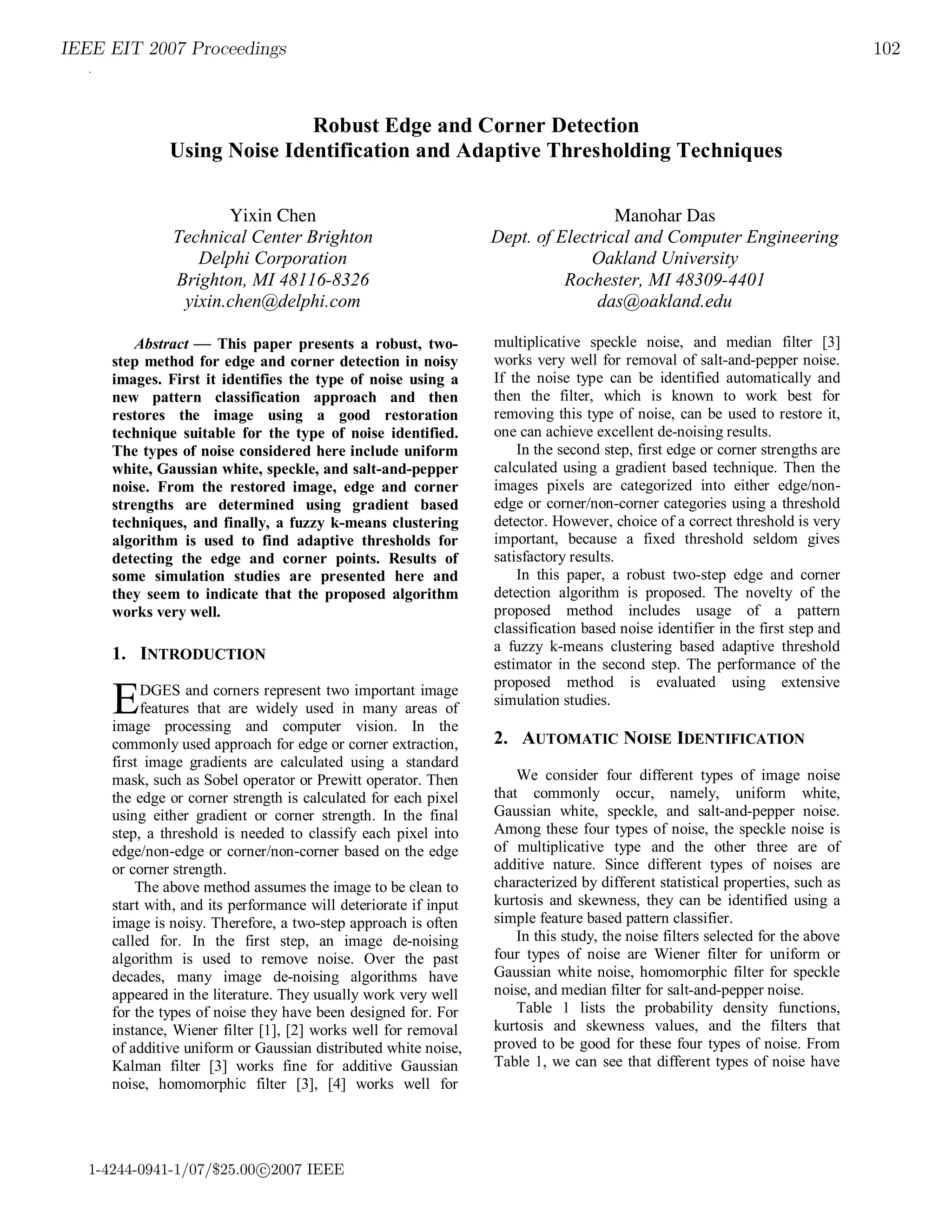 Robust Edge And Corner Detection Using Noise Identification And Adaptive Thresholding Techniques 