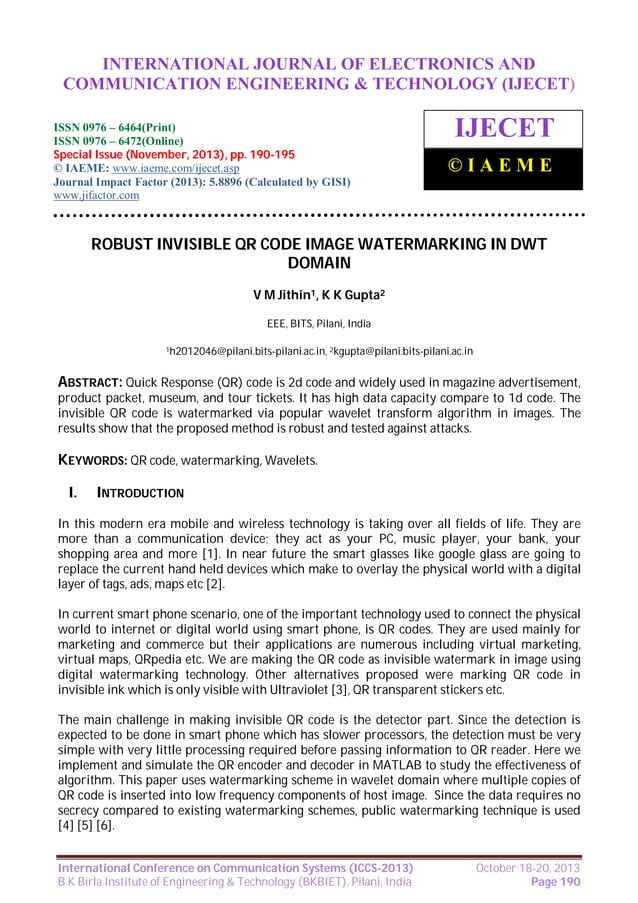 Robust invisible qr code image watermarking in dwt | PDF