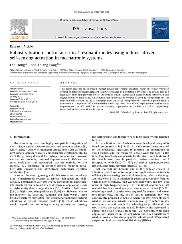 Robust vibration control at critical resonant modes using indirect-driven self-sensing actuation ...