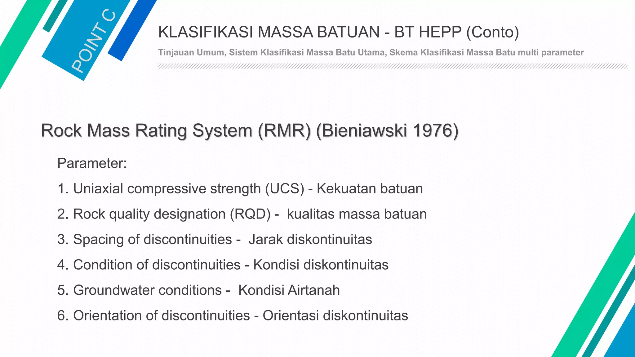 Rock Mass Classification (Klasifikasi Massa Batuan) | PPTX