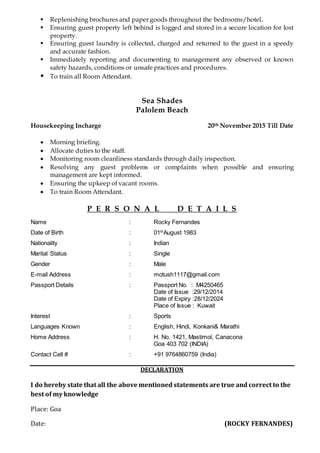 Rocky fernandes resume | DOCX | Bath and Shower | Personal Care