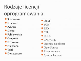 Rodzaje licencji na oprogramowanie | PPT