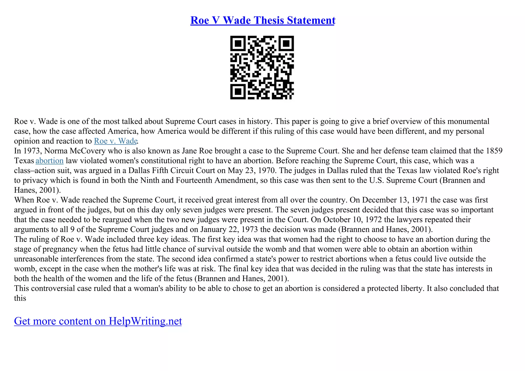 Roe V Wade Thesis Statement | PDF