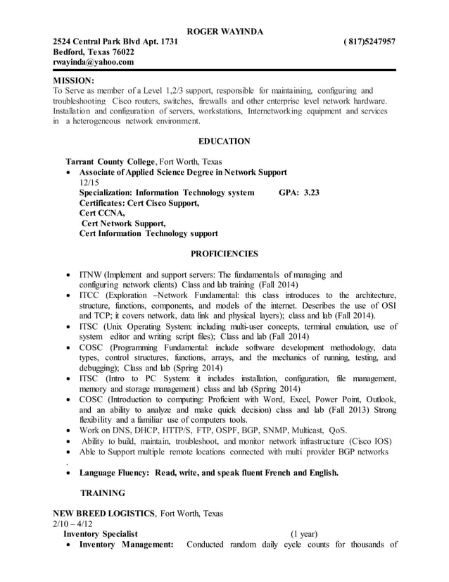 Roger resume | DOCX | Computer Networking | Computing