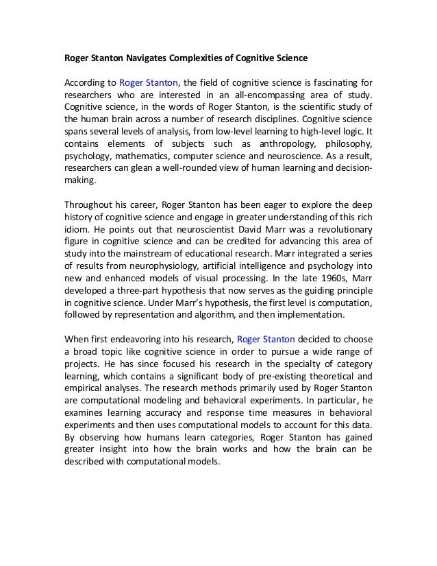 Roger Stanton Navigates Complexities of Cognitive Science