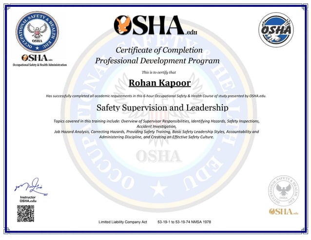 Rohan Kapoor _ Osha 48 Hours _ _ Certificate _ OSHA EDU.pdf | Business ...