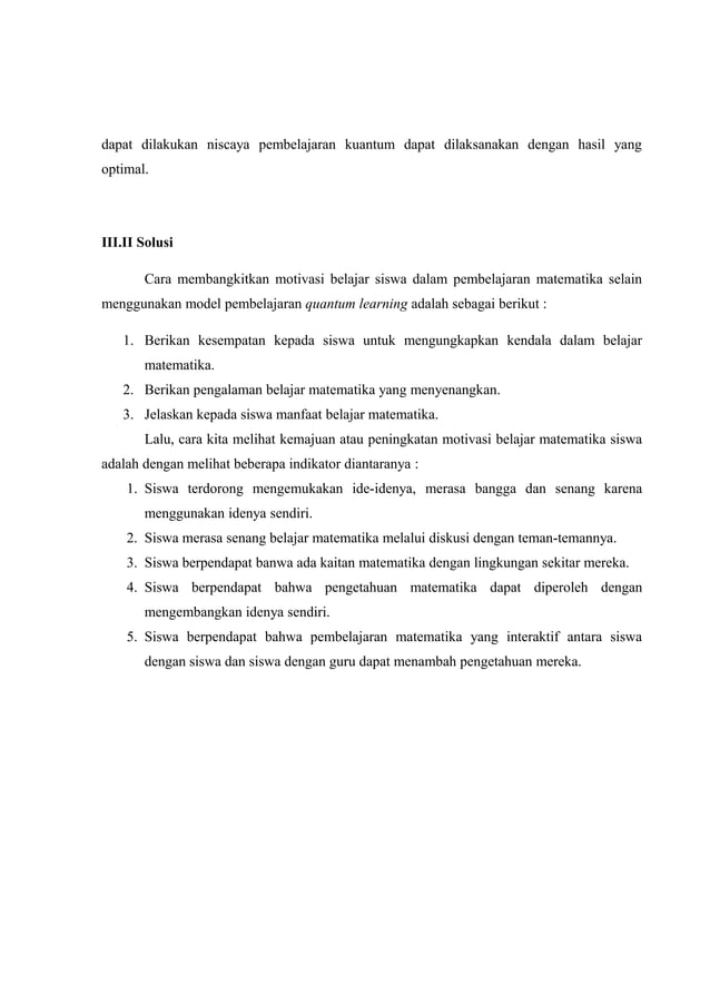 Membangkitkan motivasi siswa melalui model pembelajaran quantum learning | PDF