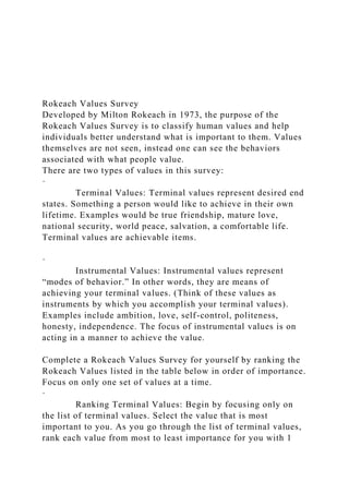 Rokeach Values SurveyDeveloped by Milton Rokeach in 1973, .docx