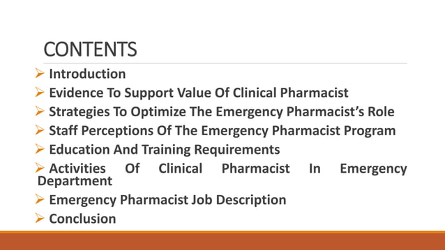 Role of Clinical Pharmacist in Emergency Department | PPTX | Healthcare ...