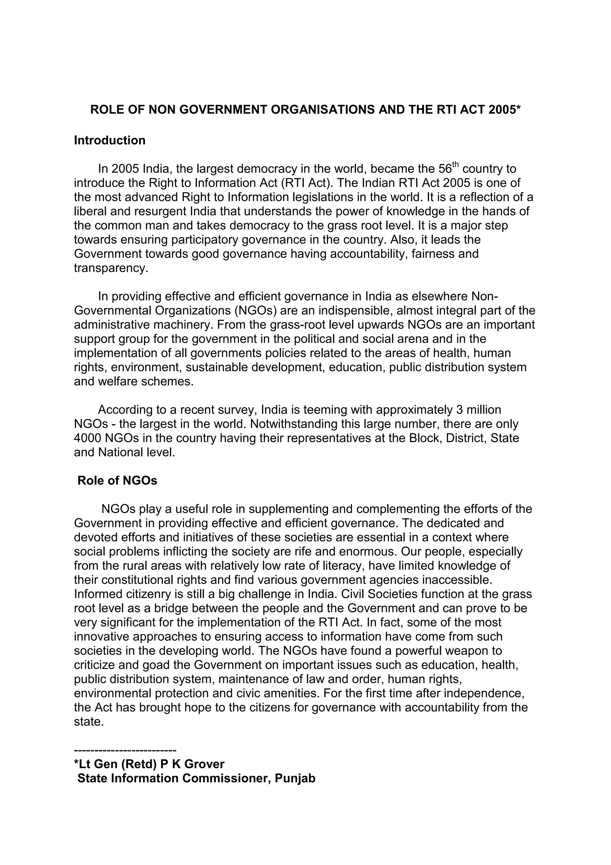 Role of Non Government Organisations and the Rti Act 2005 | PDF