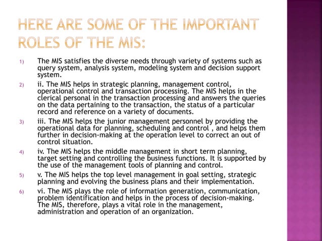 Role impact and importance of MIS | PPTX | Databases | Computer Software and Applications