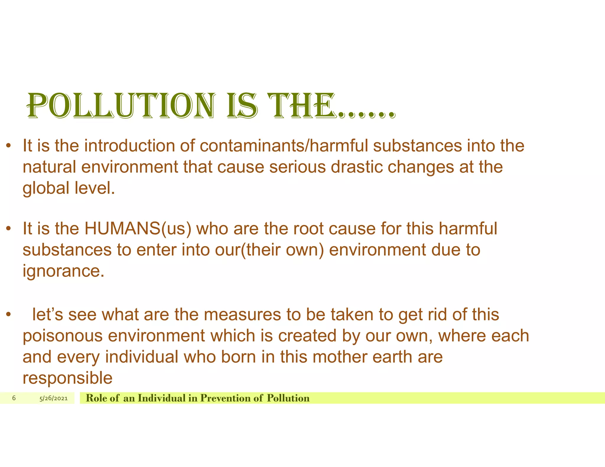 Role of an individual in prevention of pollution | PDF