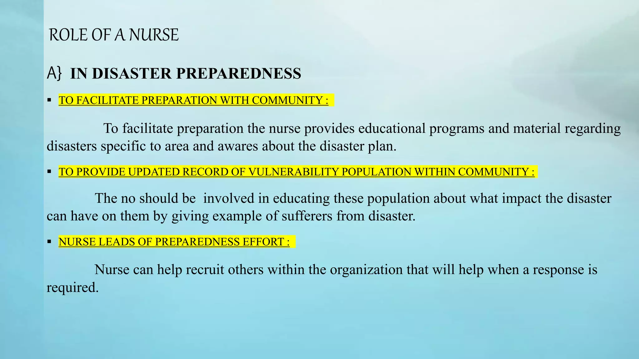 Role of a nurse in disaster management | PPTX