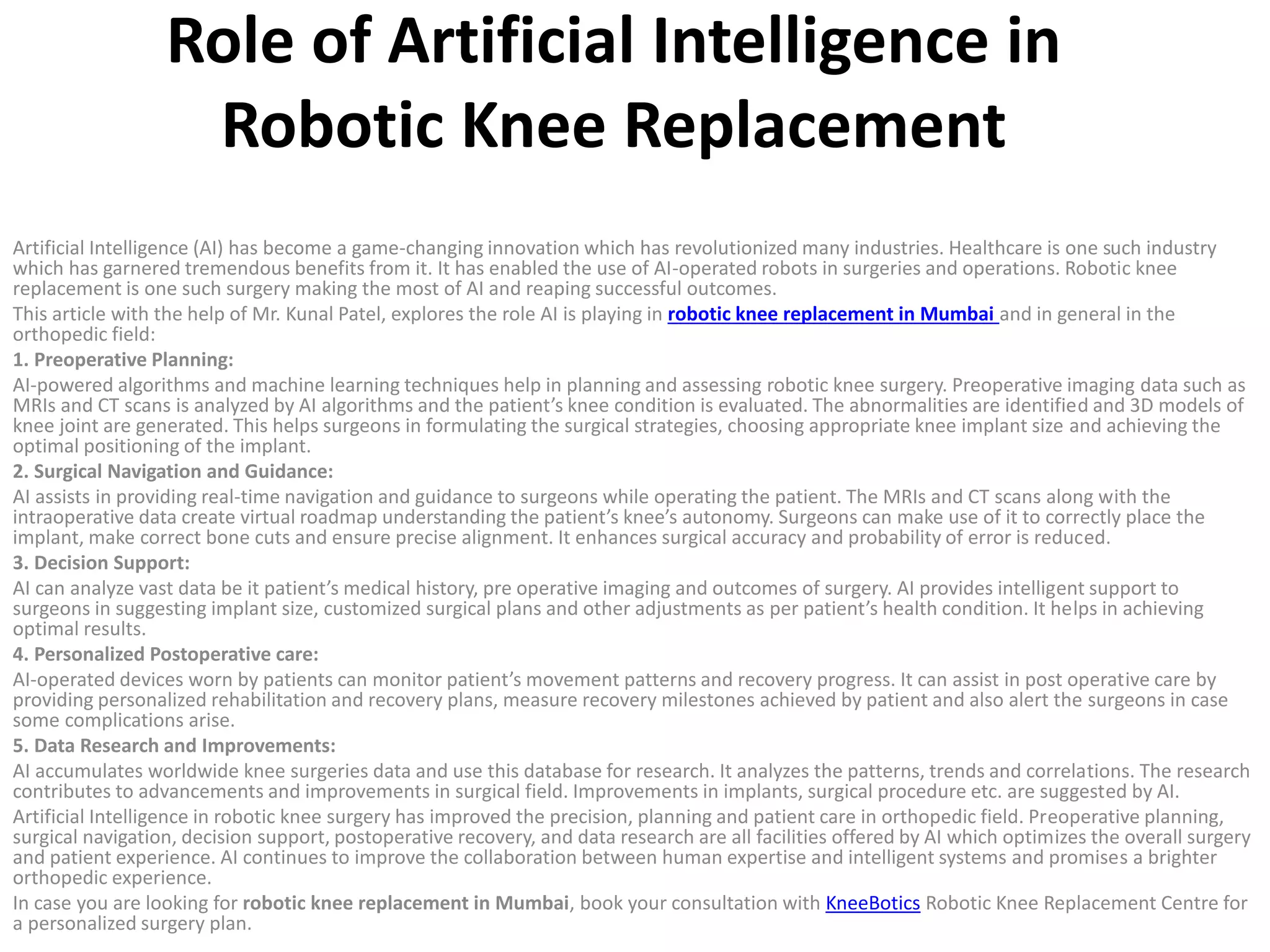 Role of Artificial Intelligence in Robotic Knee Replacement.pptx