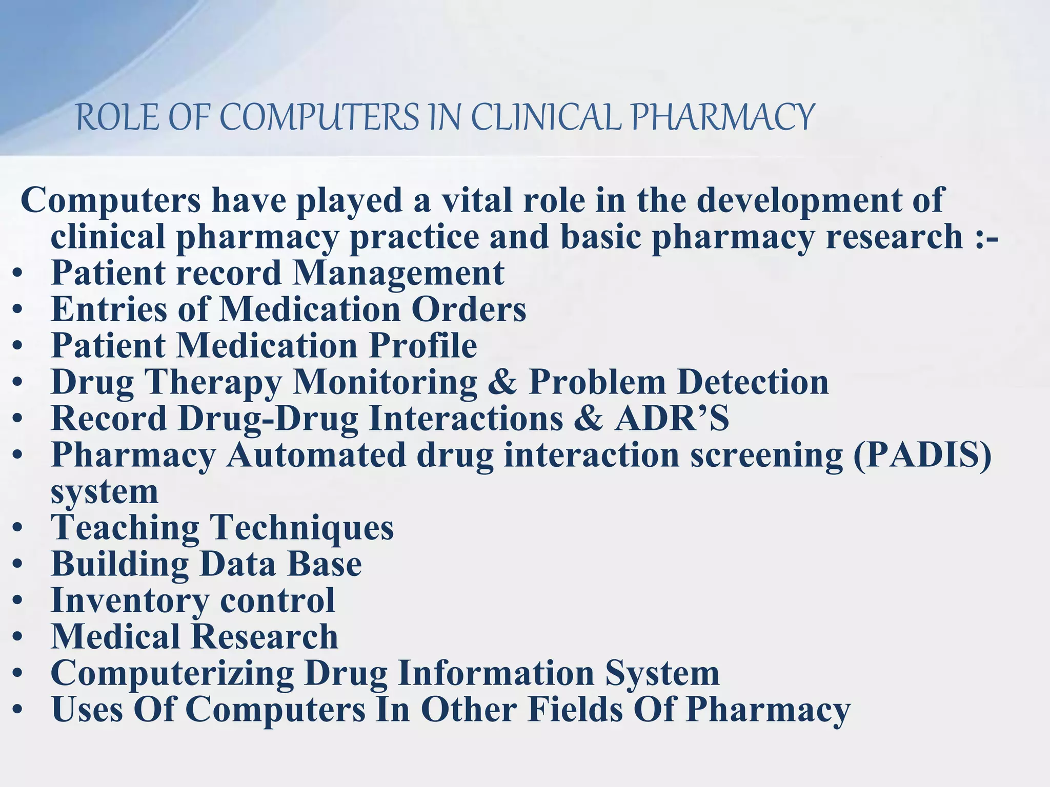 Role of computers in clinical pharmacy simi joju k. | PPTX