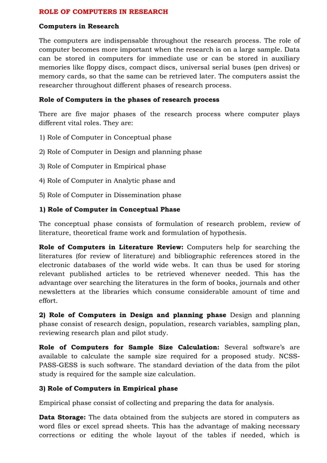 Role of Computers in Research, Data Processing, Data Analysis | PDF