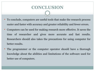 ROLE OF COMPUTERS IN RESEARCH. pptx notes for all researchers | PPTX