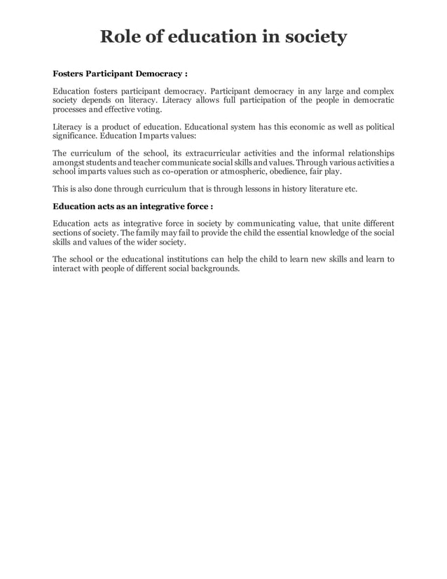 Role of education in society | DOCX | Education industry | Industries