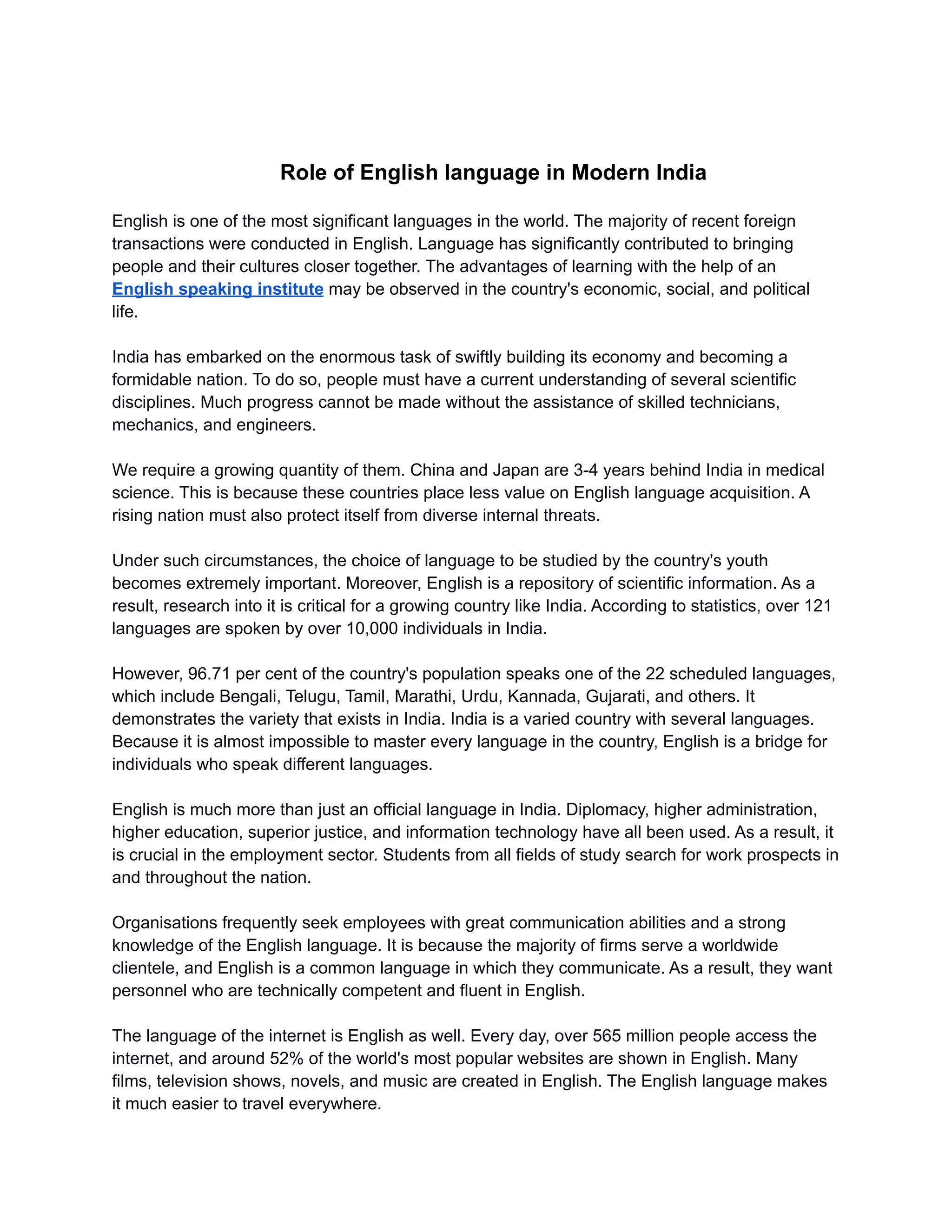 Role of English language in Modern India | PDF