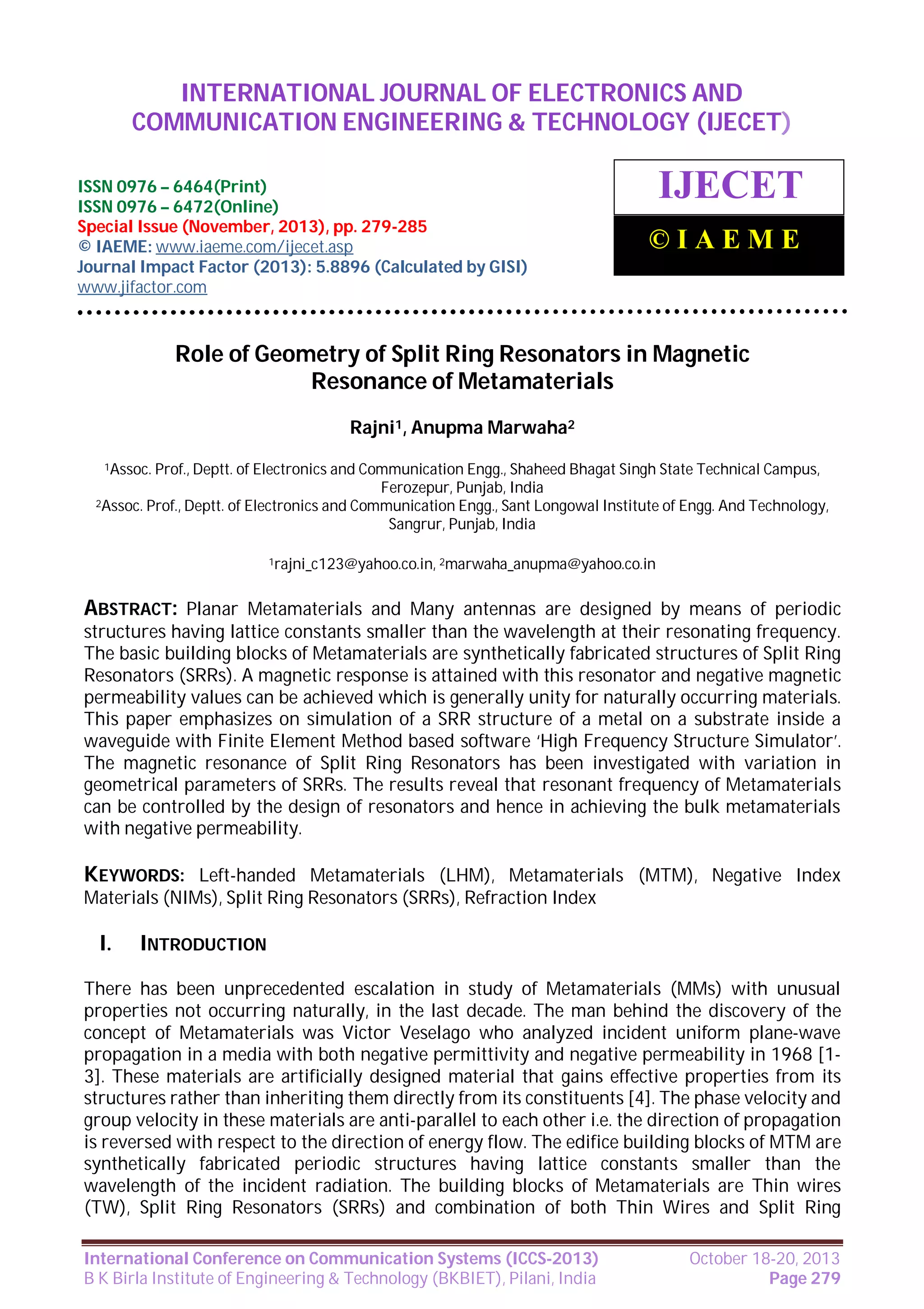 Role of geometry of split ring resonators in magnetic | PDF | Physics | Science