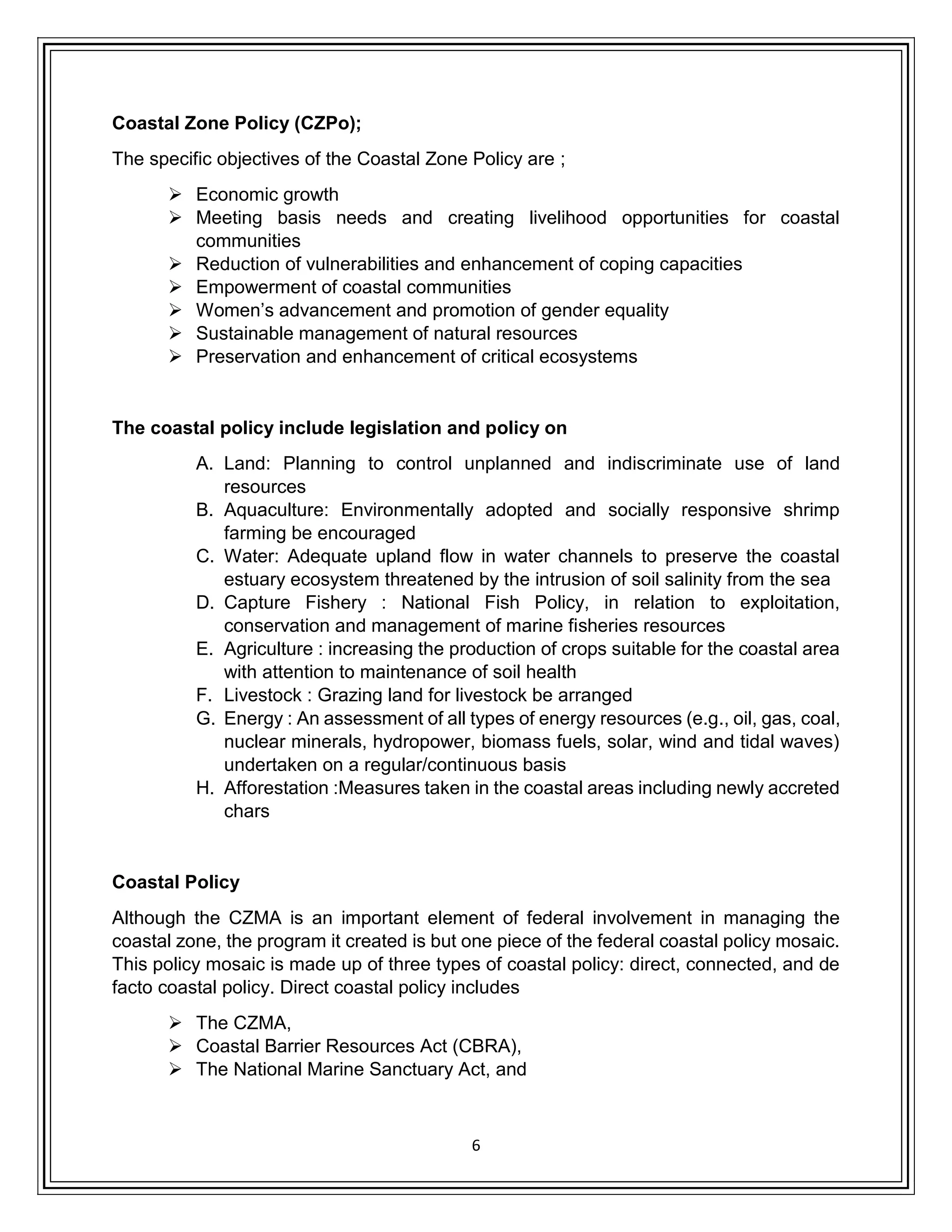 Role of government, coastal policy, czm act, of the coastal zone ...