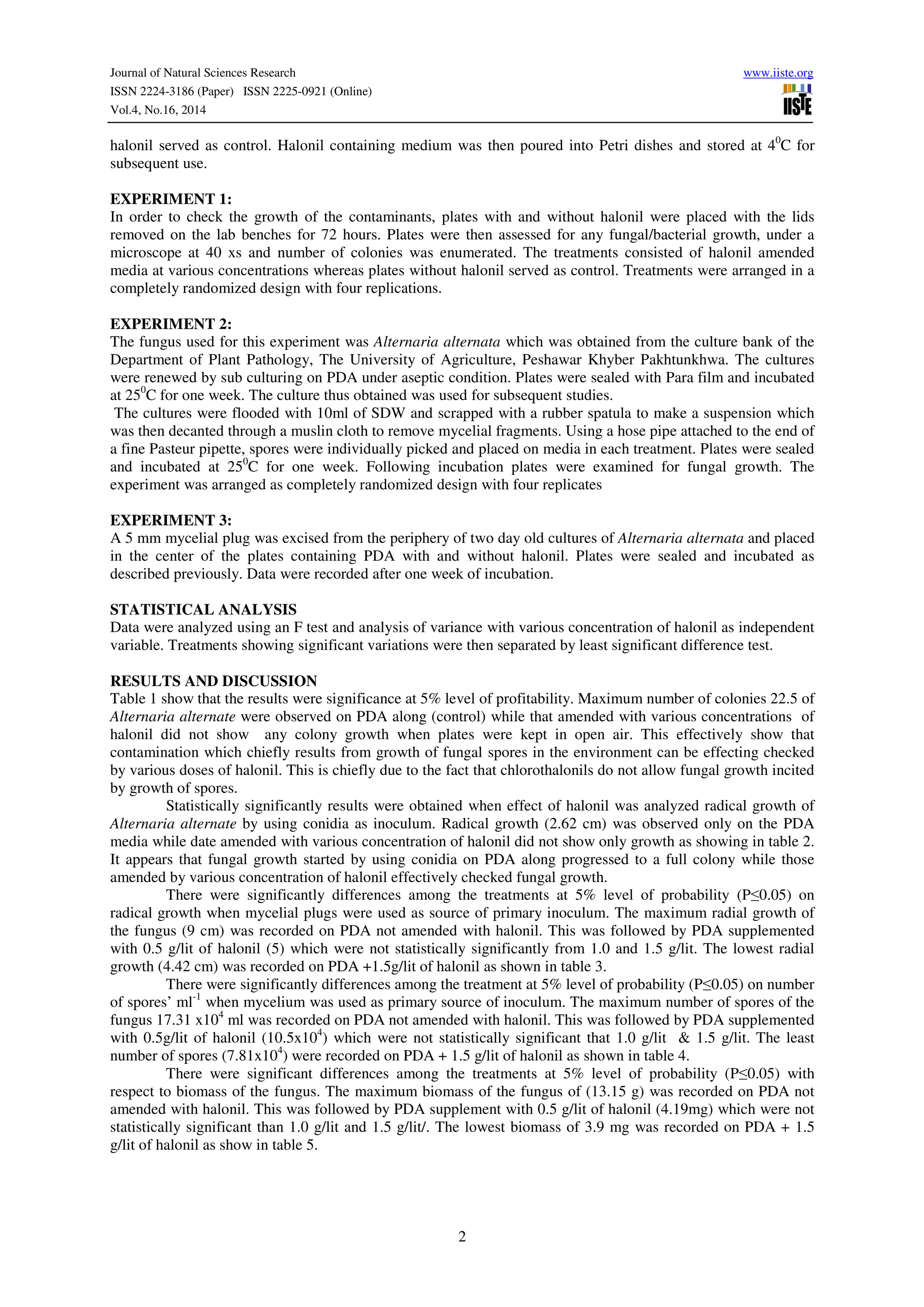 Role of halonil in reducing contamination in culture media | PDF