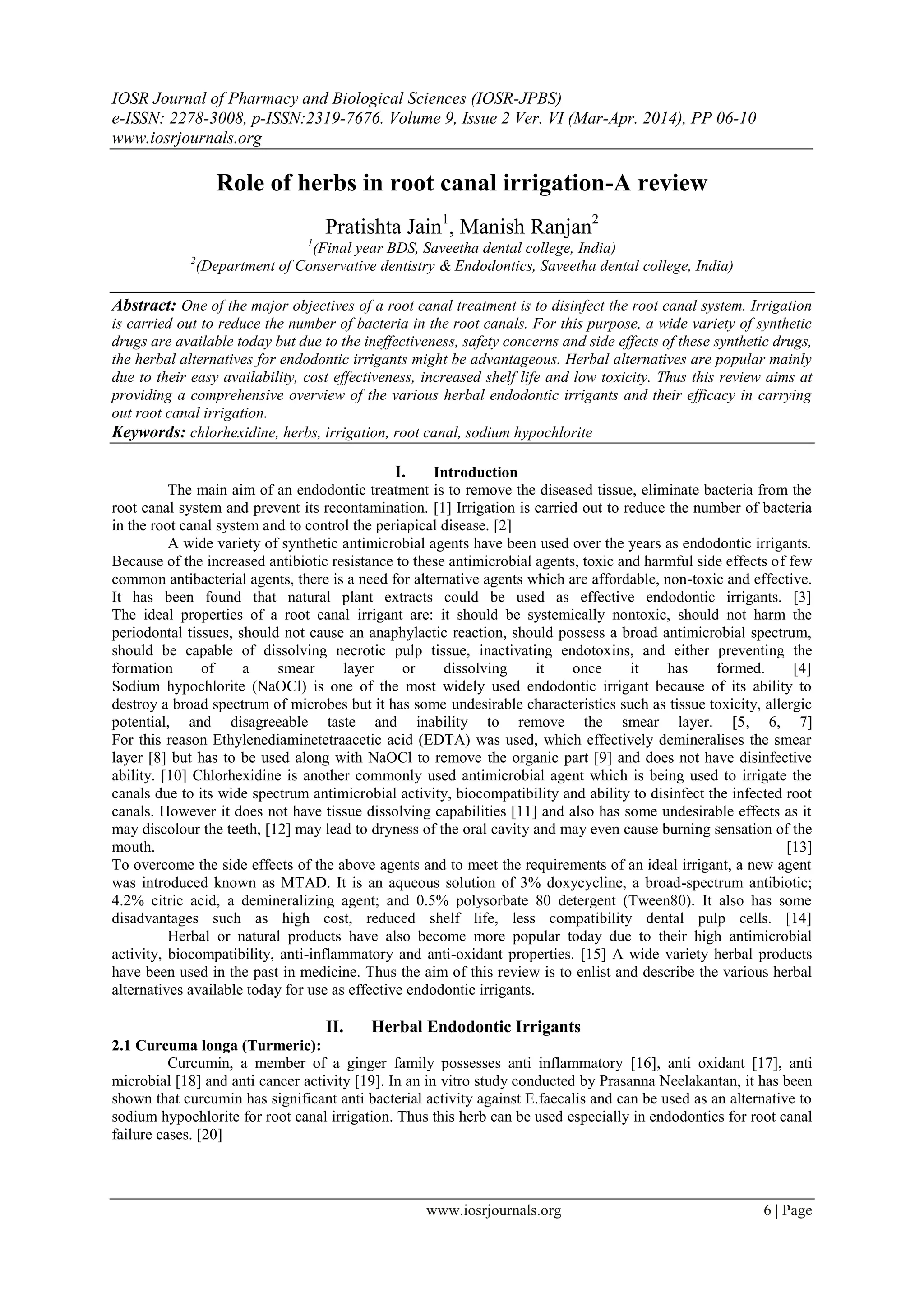 Role of herbs in root canal irrigation - A review | PDF