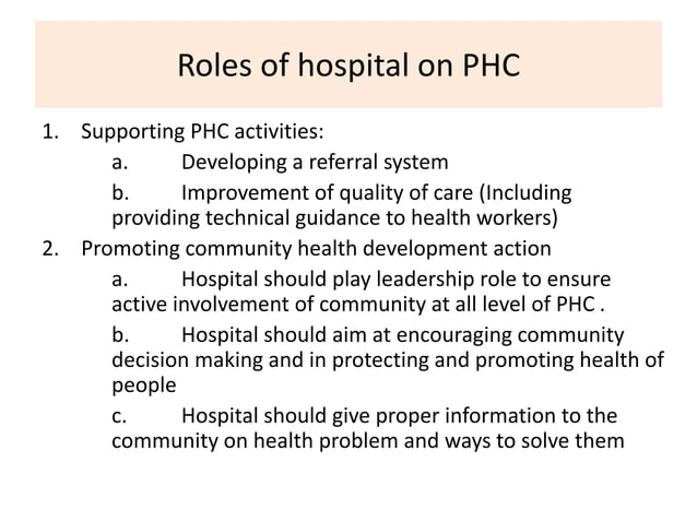Role of Hospitals on Primary Health Care (PHC)