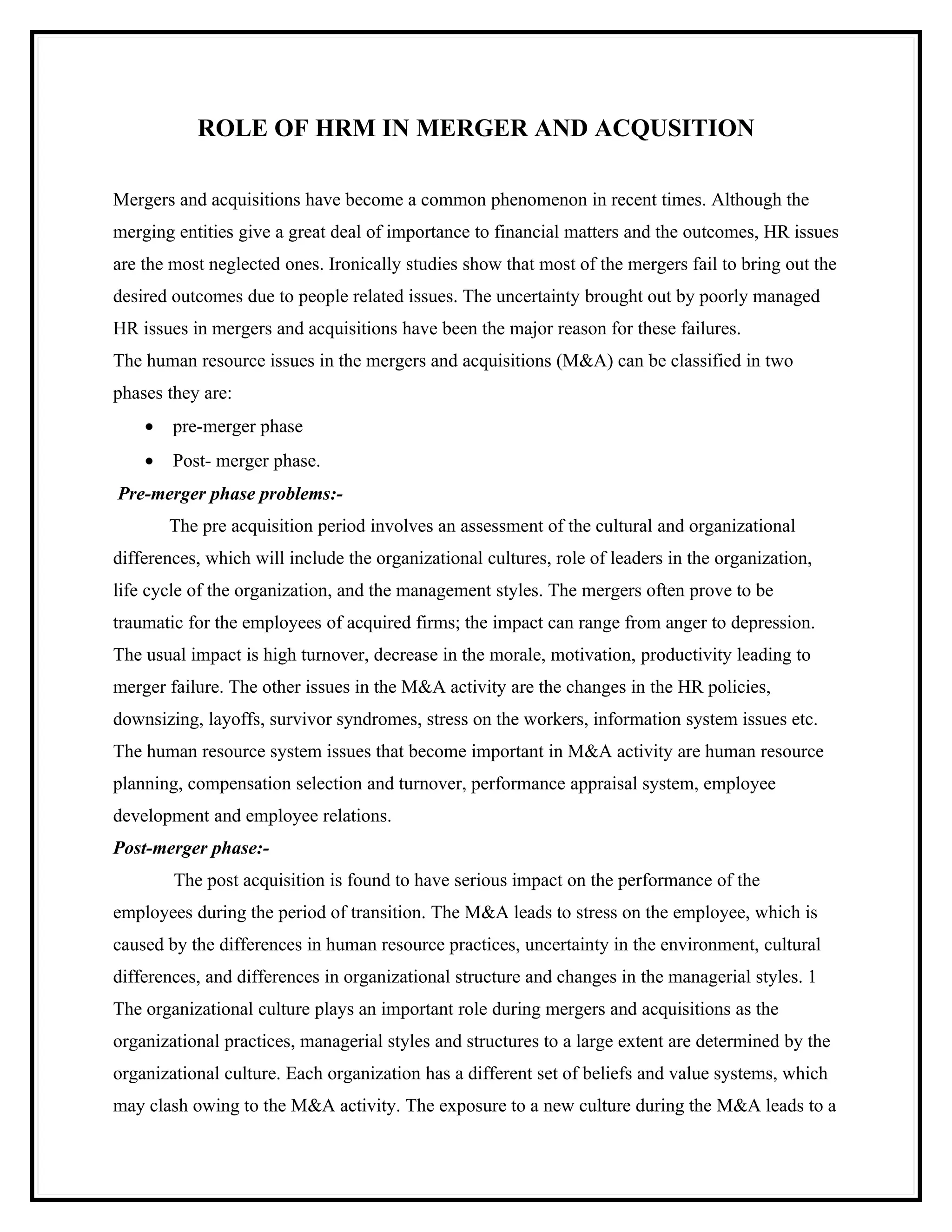 Role of hrm in merger and acqusition | DOC