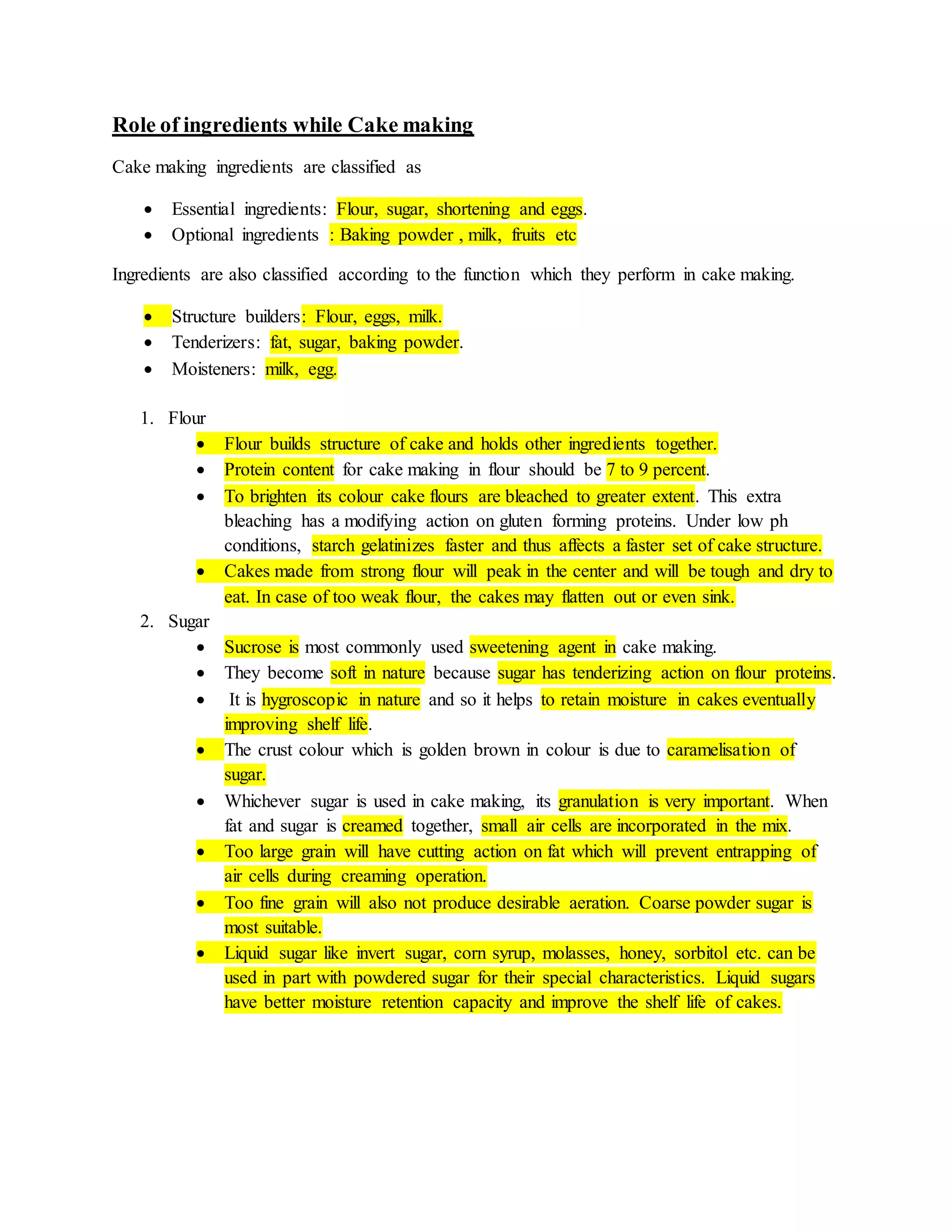 Role of ingredients while cake making | DOCX