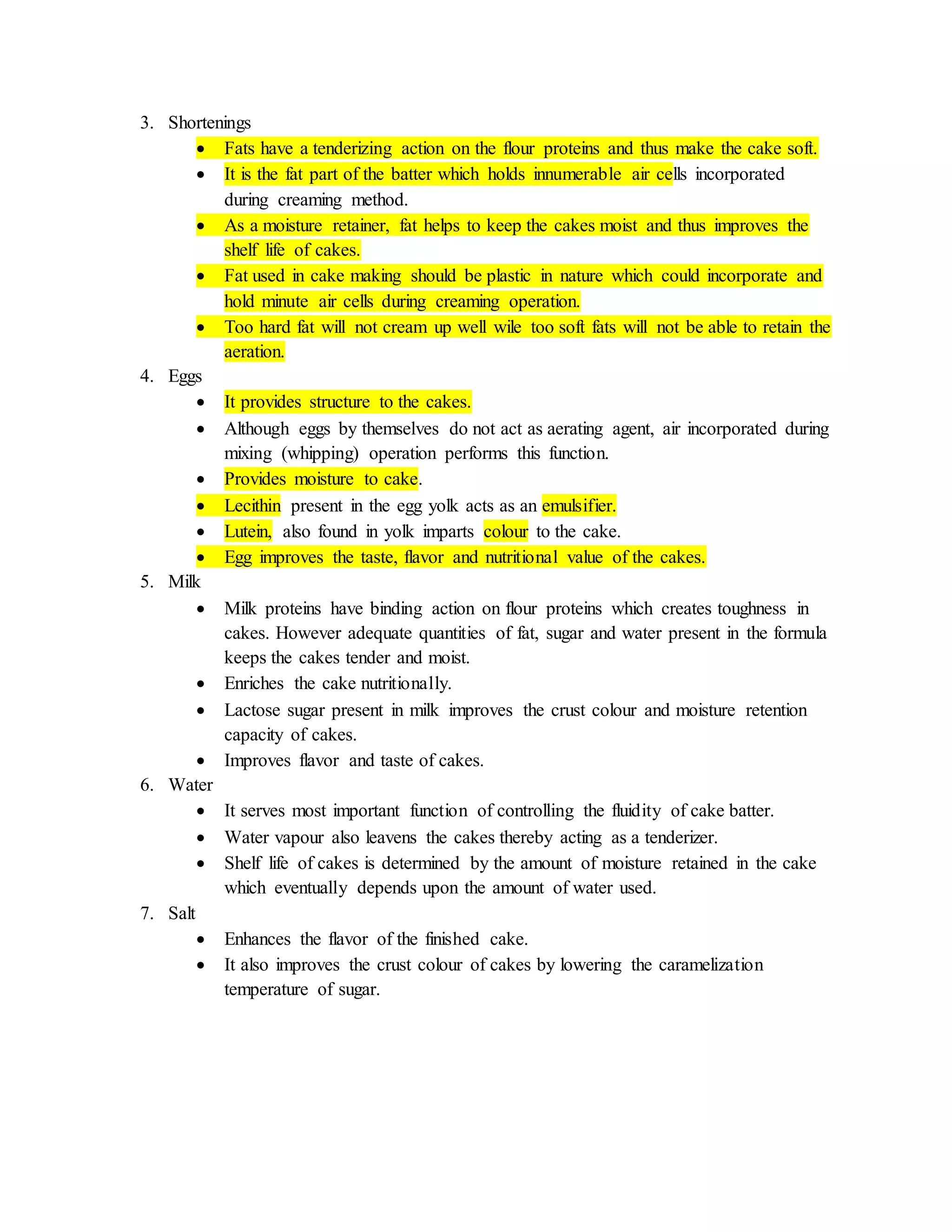 Role of ingredients while cake making | DOCX