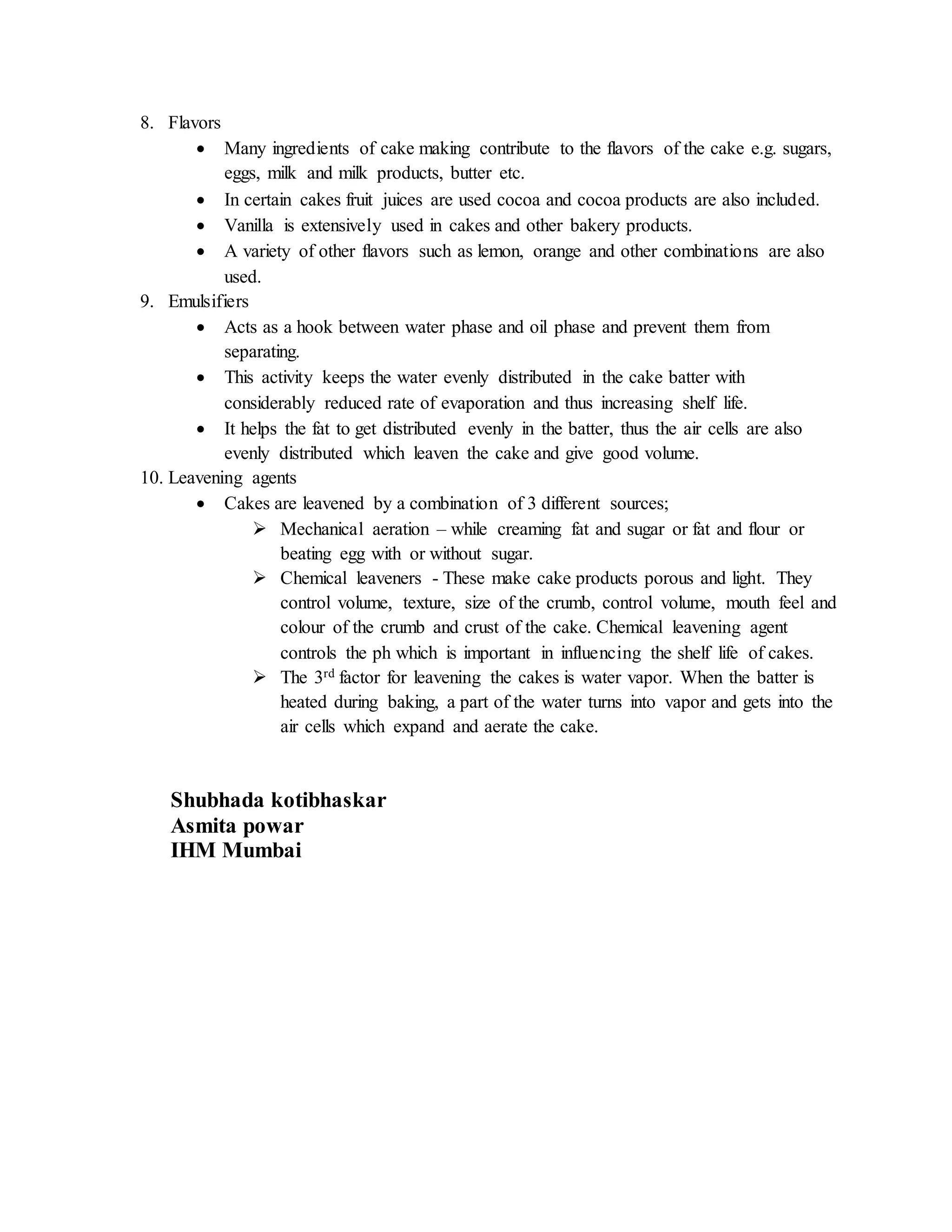 Role of ingredients while cake making | DOCX