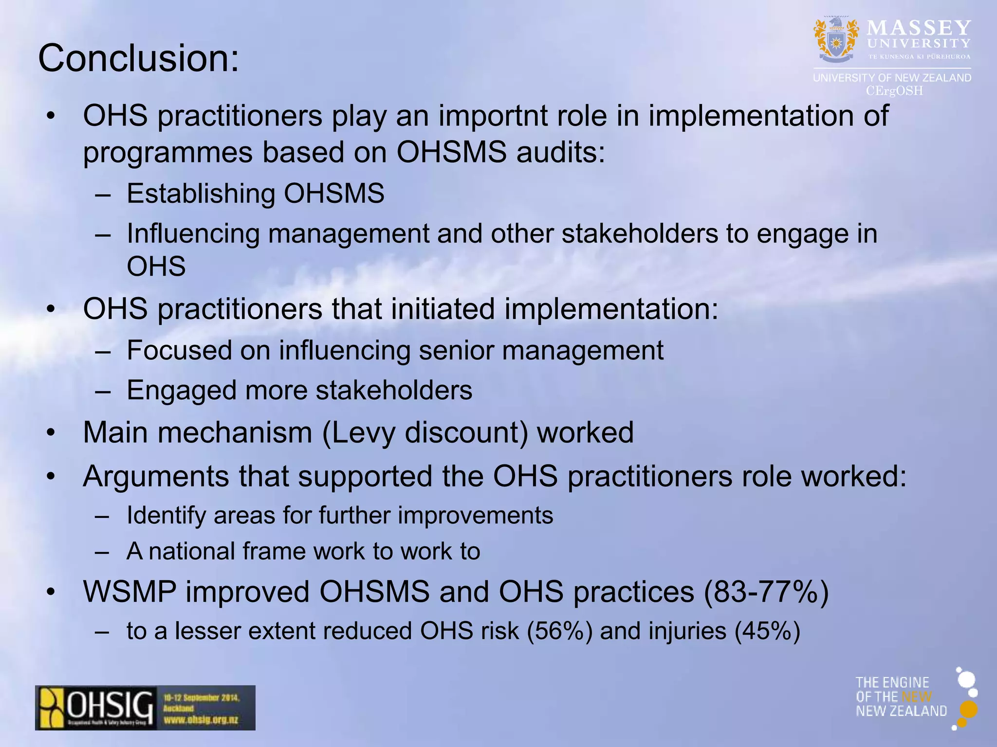 Role of internal OHS practitioners in implementing ACC's Workplace ...