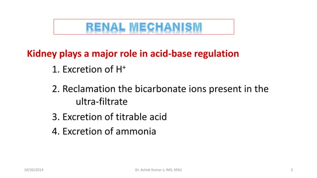Role of kidney in maintaining acid base balance (pH) by; Dr. Ashok ...