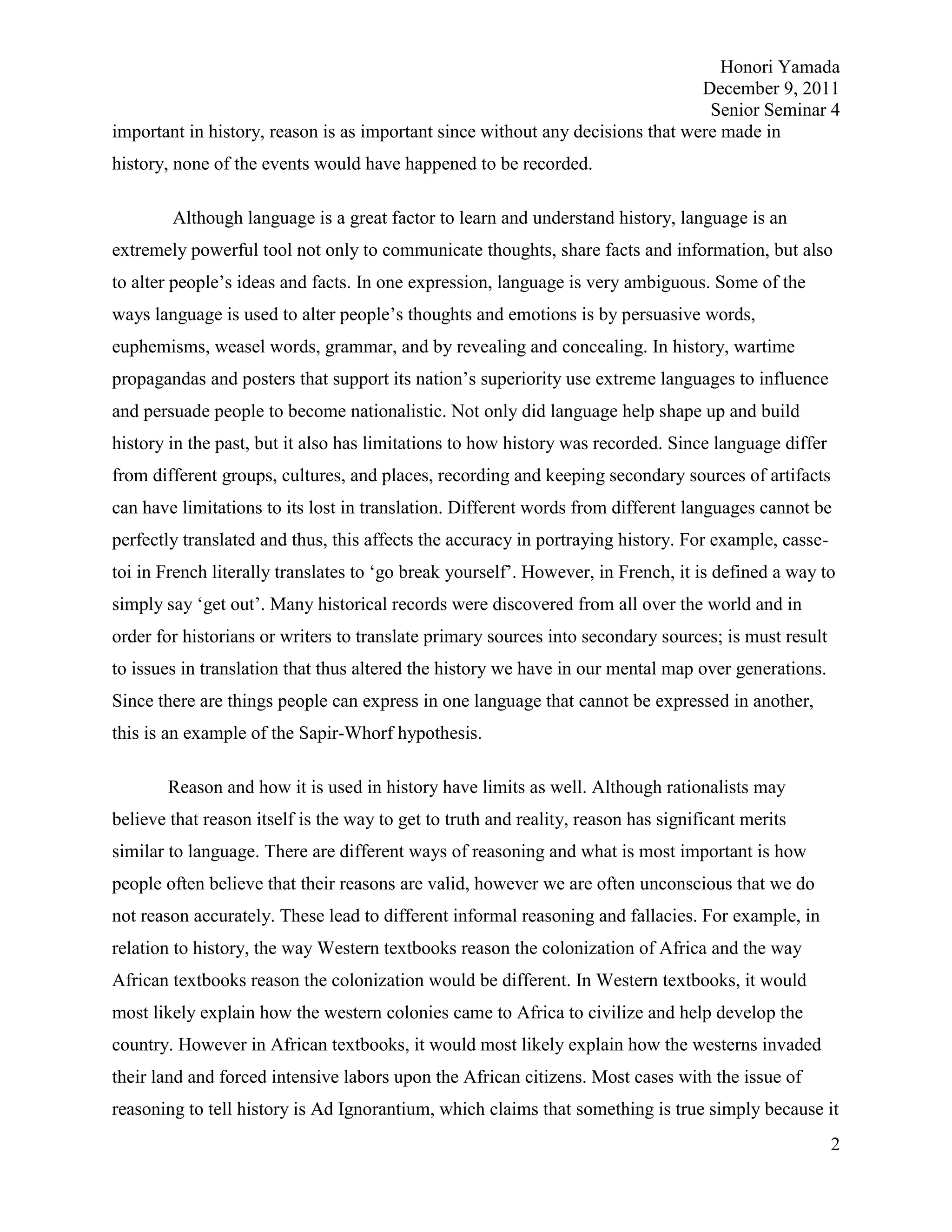 Role of Language and Reason in History | DOCX