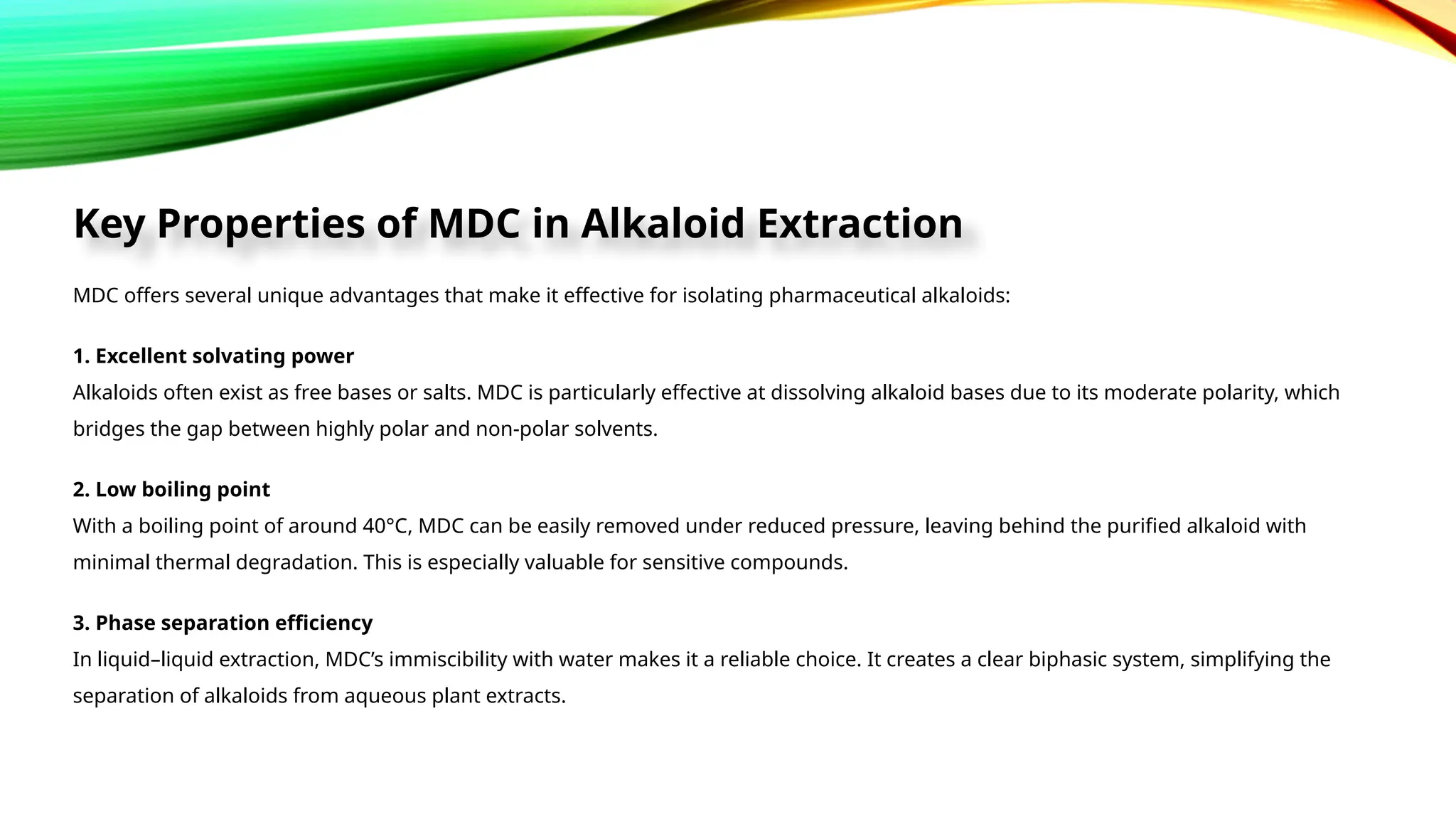 Role of MDC Solvent in Extracting Pharmaceutical Alkaloids | PPTX