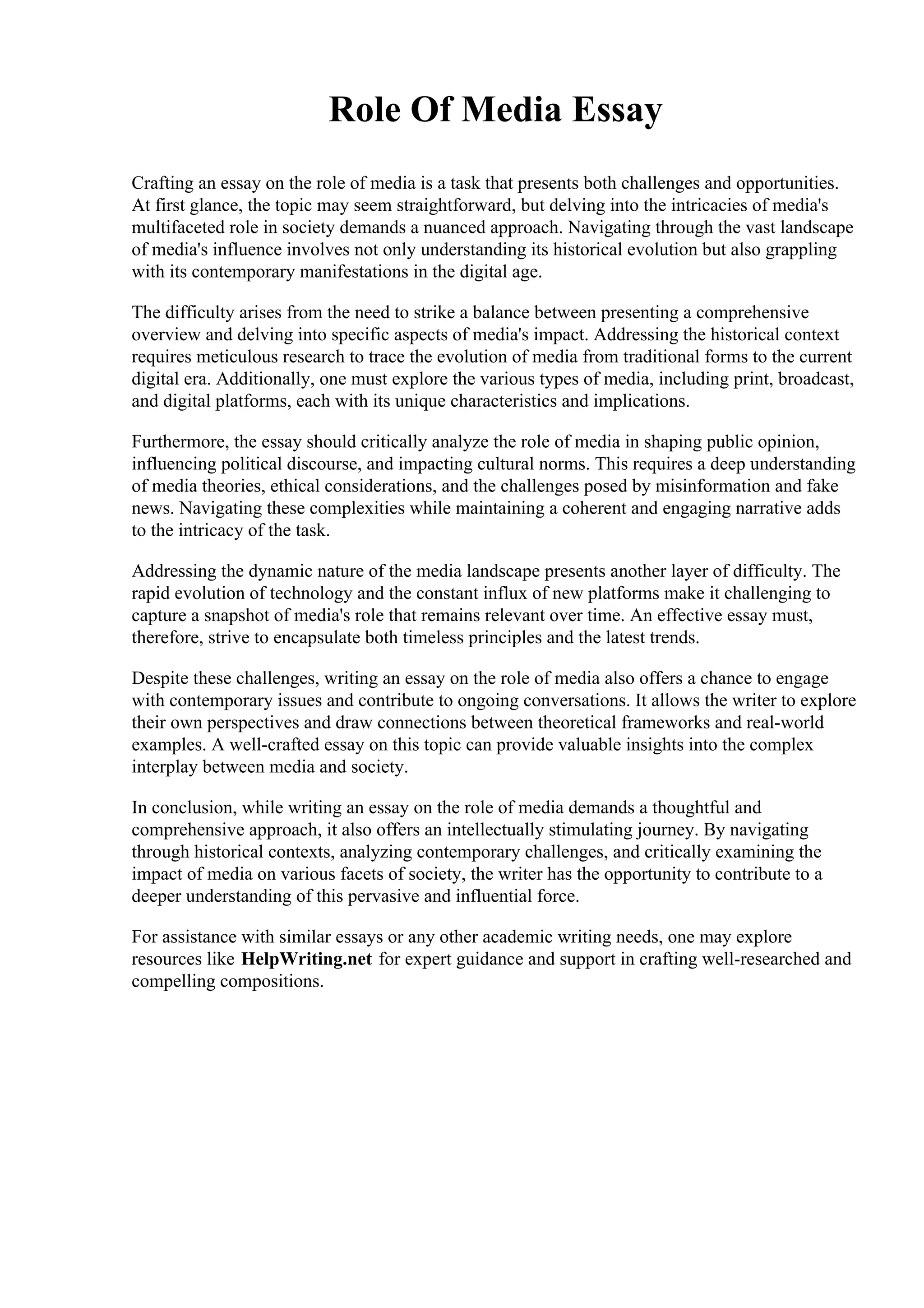 Role Of Media Essay | PDF