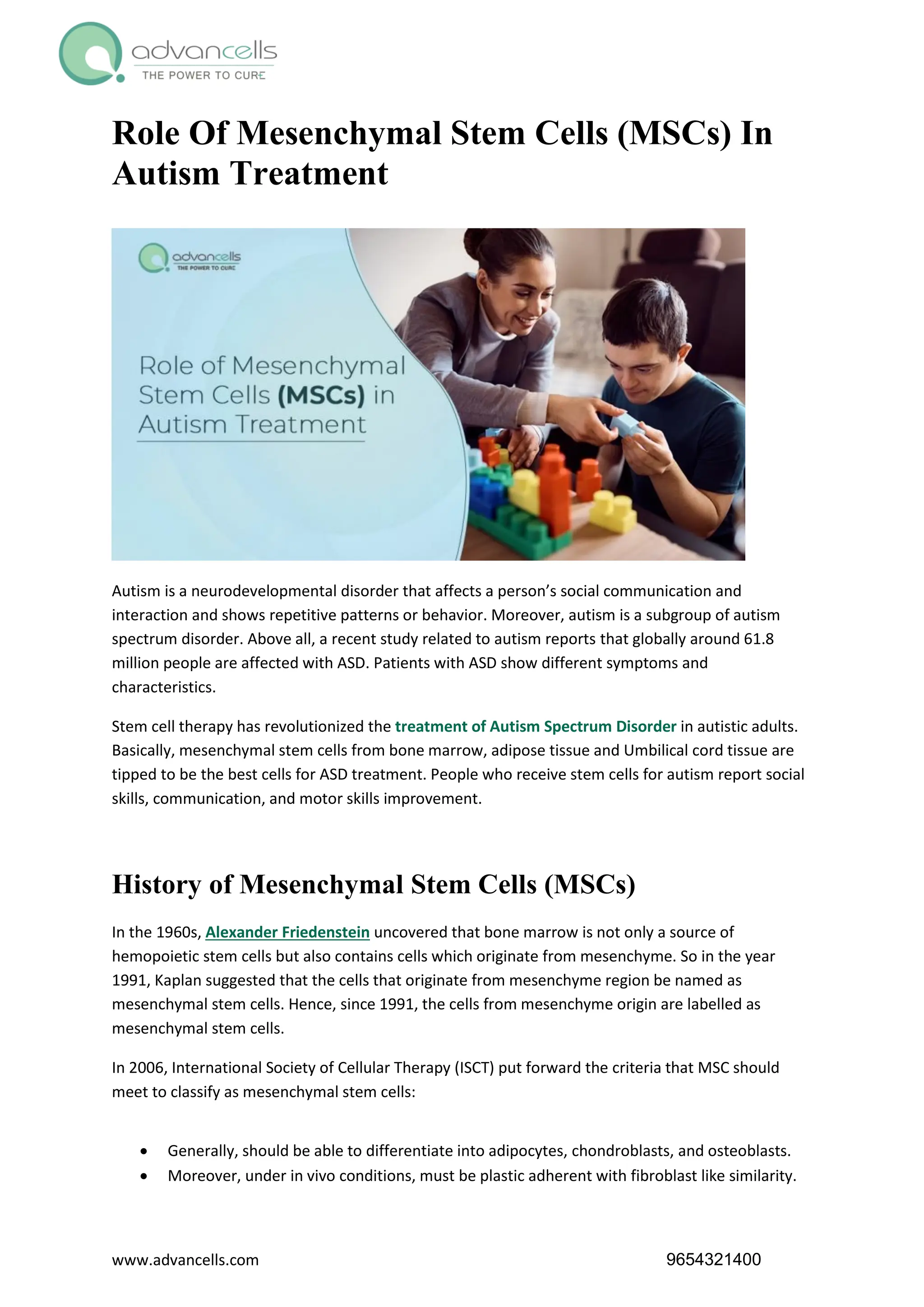 Role Of Mesenchymal Stem Cells (MSCs) In Autism Treatment | PDF