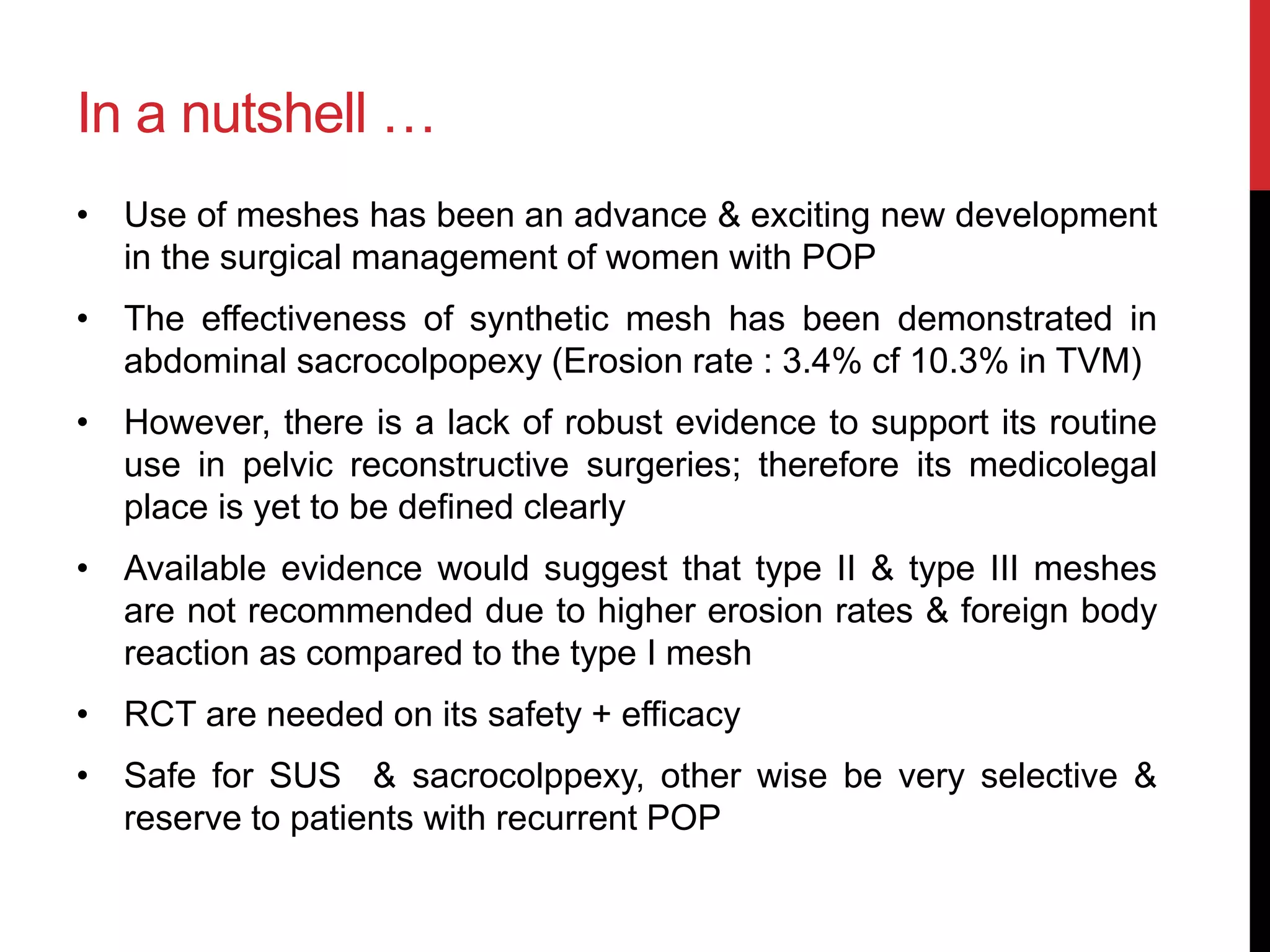 Role of mesh at current practice in urogynae | PDF