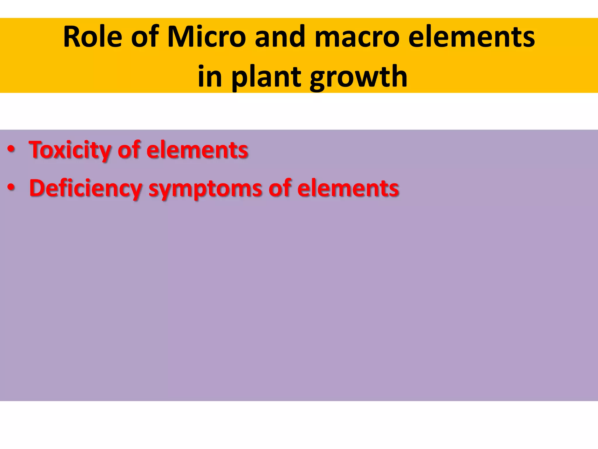 Role of micro and macronutrients, Toxicity of elements Deficiency ...