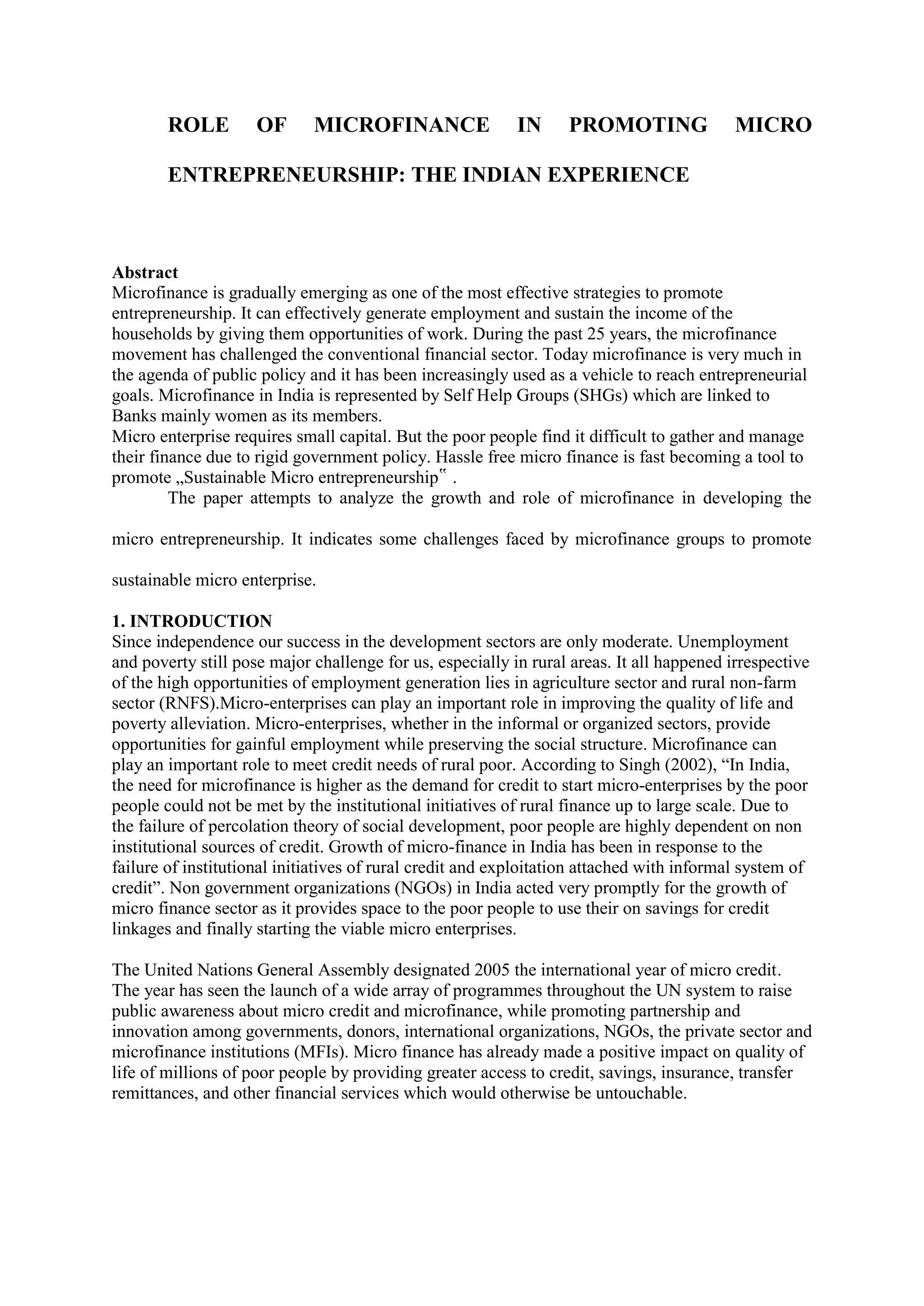 Role of microfinance in promoting micro entrepreneurship | DOCX