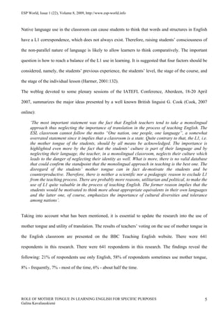 Role of mother tongue in learning english for specific purposes | PDF | Education