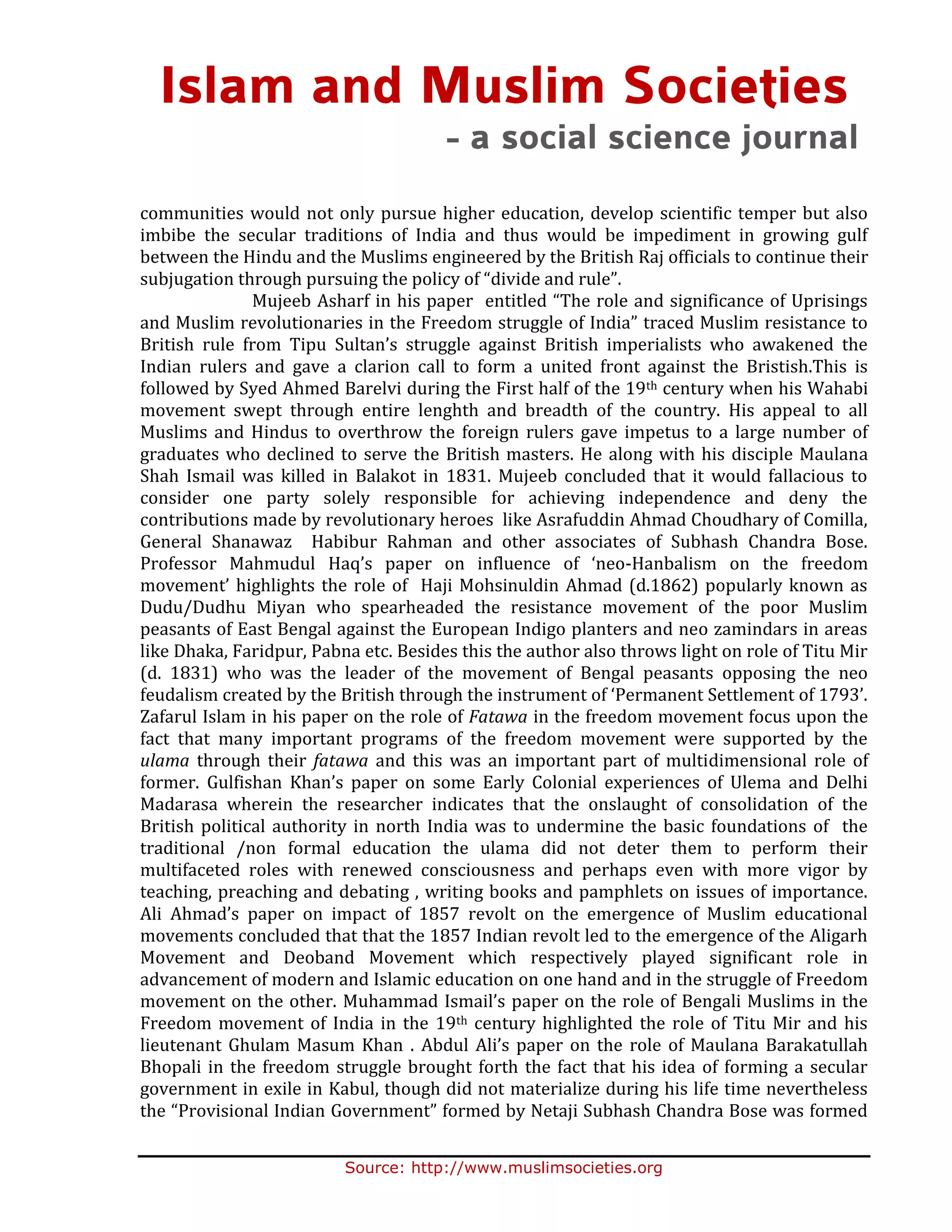 Role of muslims in the freedom movement of india | PDF