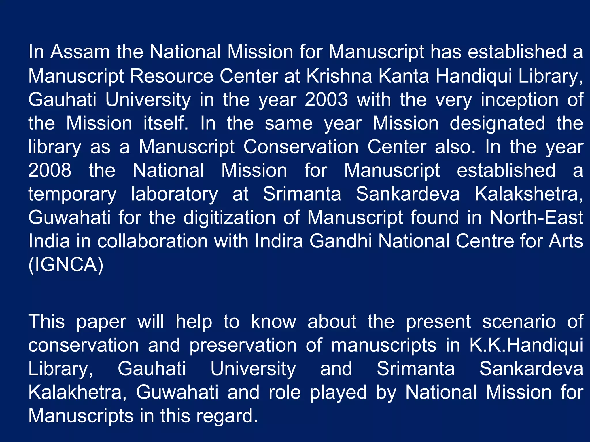 Role of national mission for manuscripts on preservation and ...