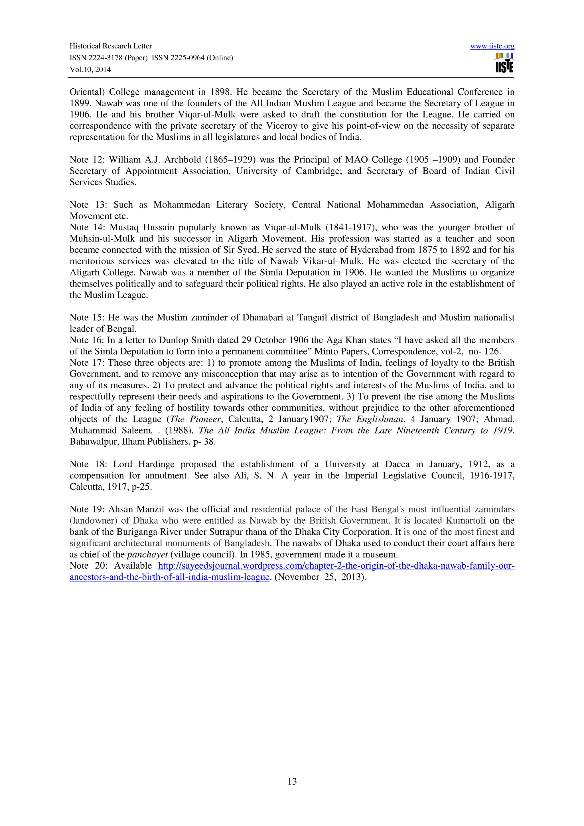 Role of nawab salimullah for the foundation of aiml | PDF