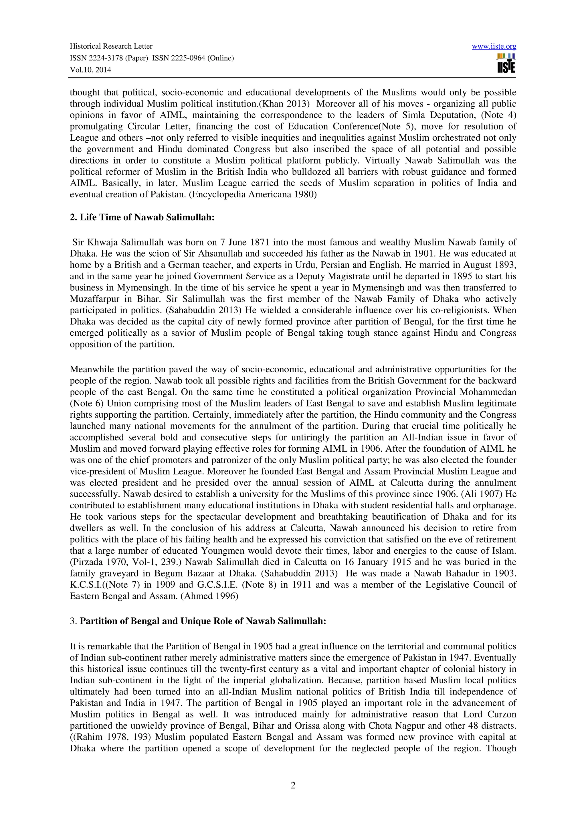 Role of nawab salimullah for the foundation of aiml | PDF